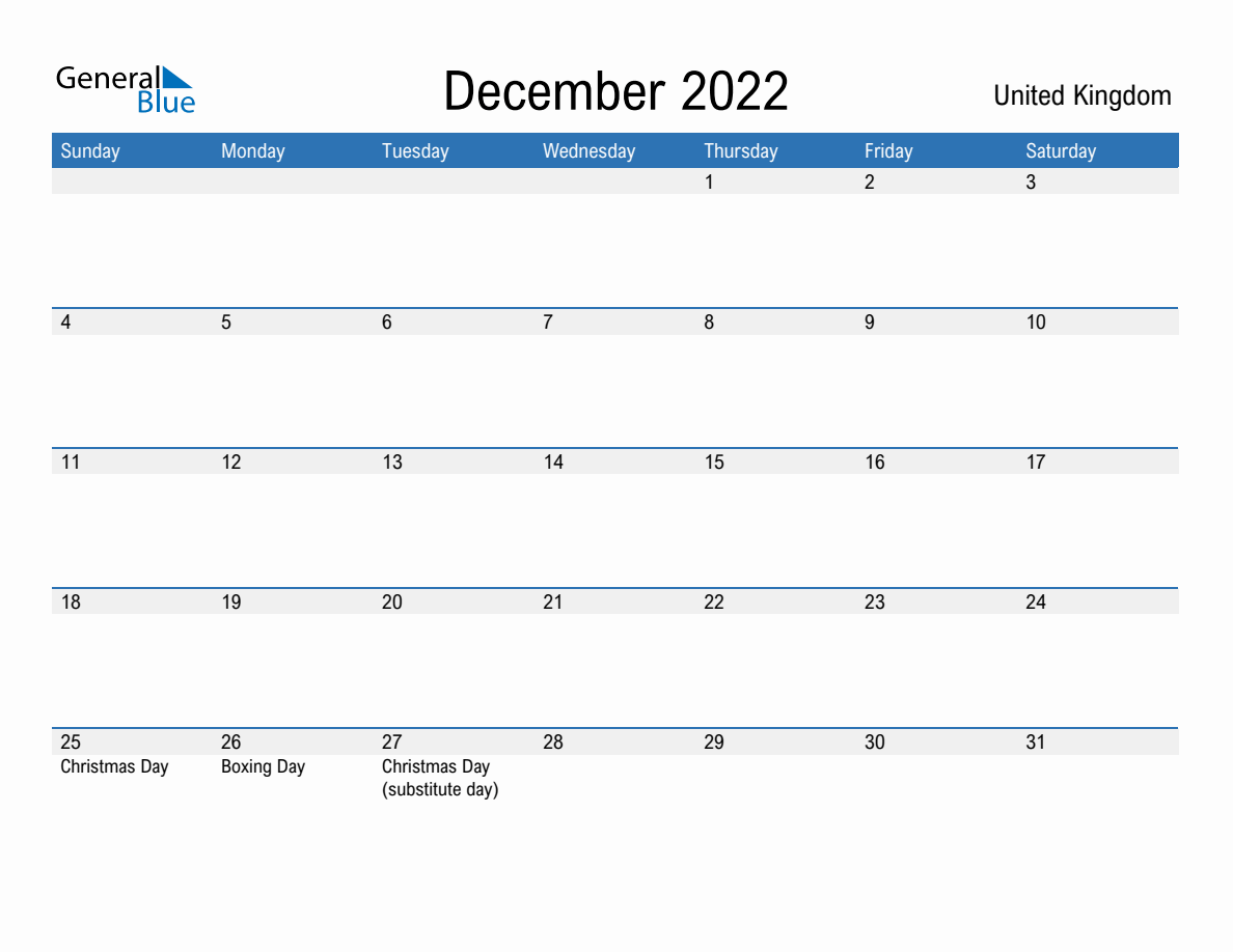 Editable December 2022 Calendar with United Kingdom Holidays