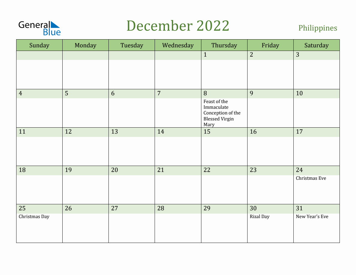 Fillable Holiday Calendar for Philippines - December 2022