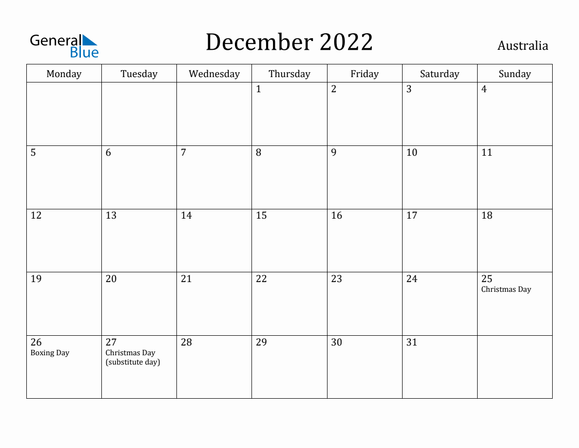 Australia Monthly Calendar - December 2022 (Monday Start)