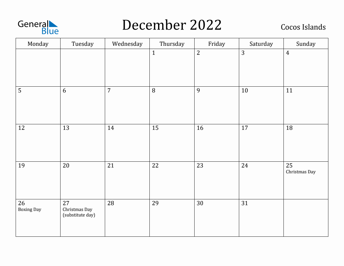 December 2022 Monthly Calendar with Cocos Islands Holidays