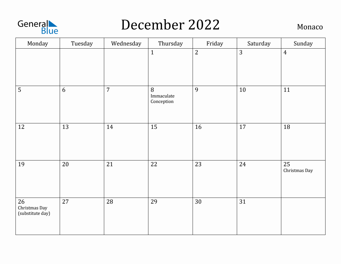 Monaco Monthly Calendar - December 2022 (Monday Start)