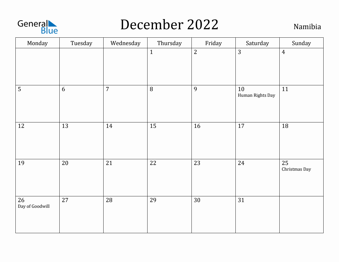 Namibia Monthly Calendar - December 2022 (Monday Start)