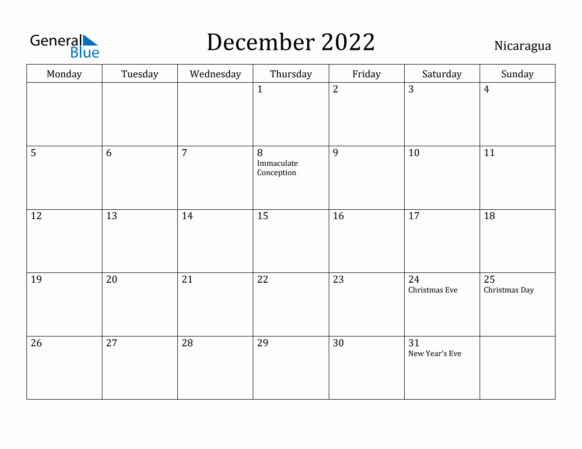 December 2022 Monthly Calendar with Nicaragua Holidays (Monday Start)