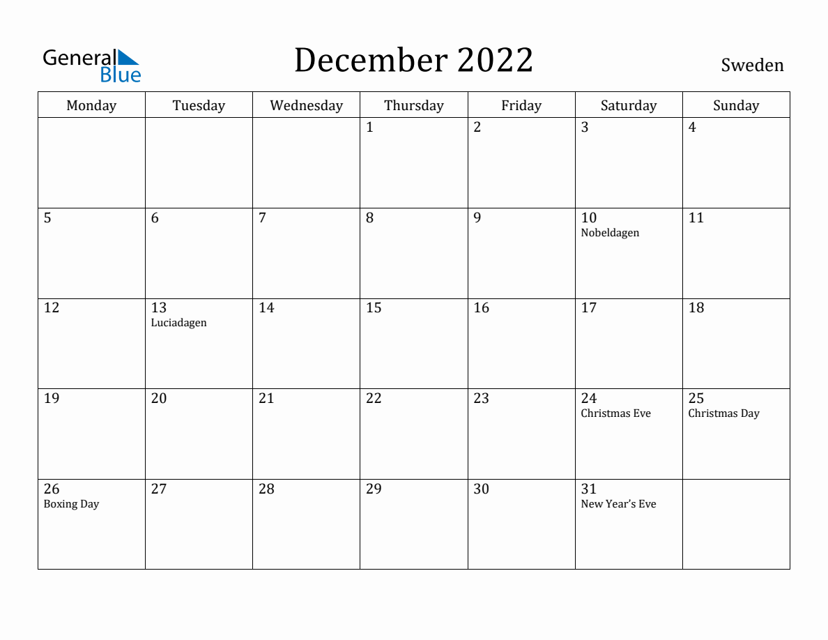 Sweden Monthly Calendar - December 2022 (Monday Start)