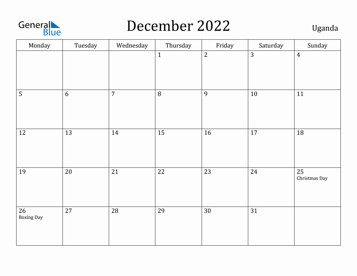 Uganda Monthly Calendar - December 2022 (Monday Start)