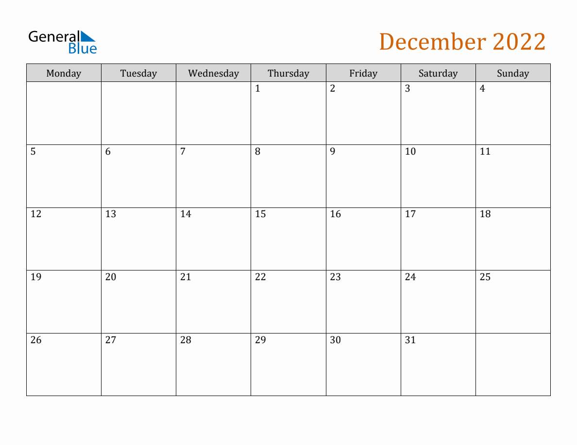 December 2022 Generic Monthly Calendar