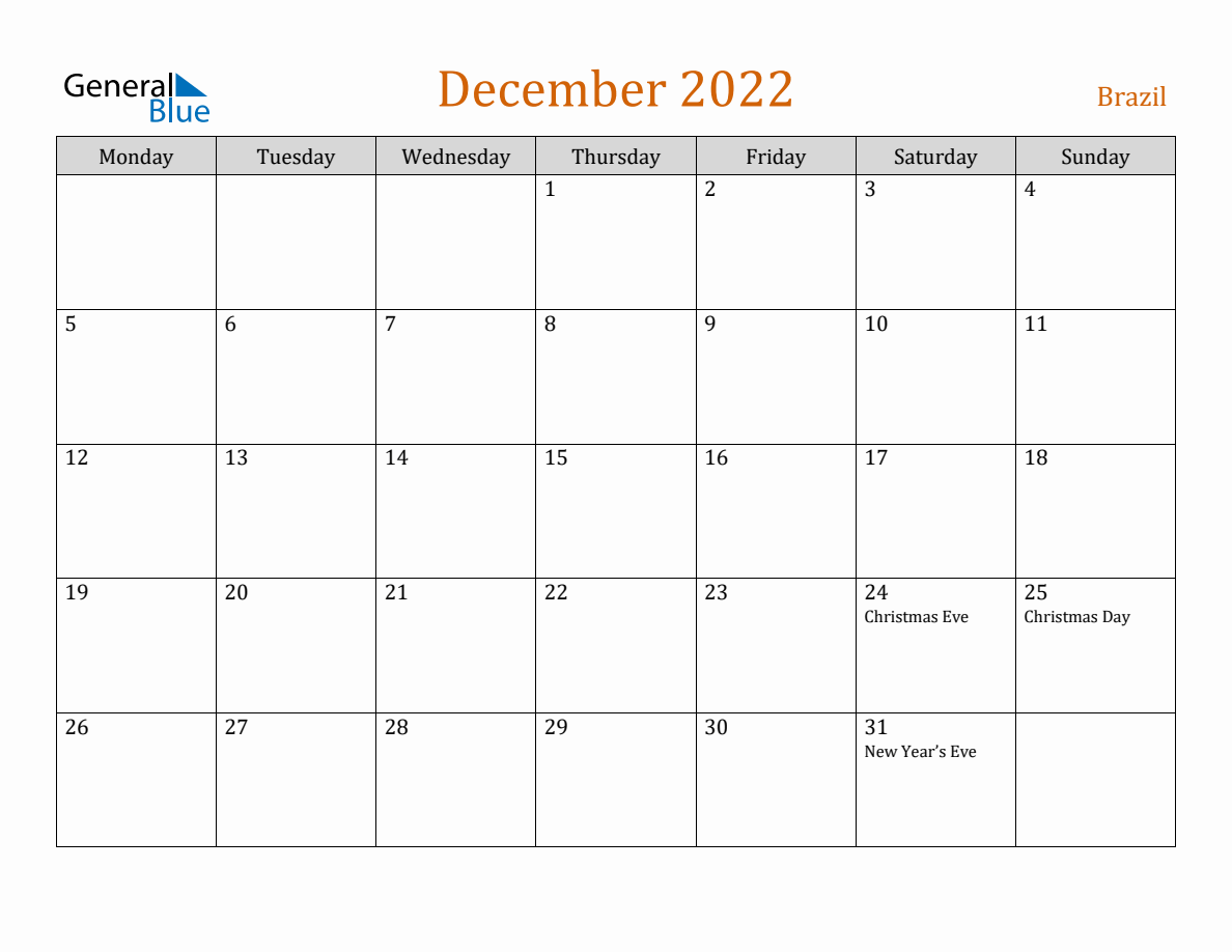 Free December 2022 Brazil Calendar (Monday Start)