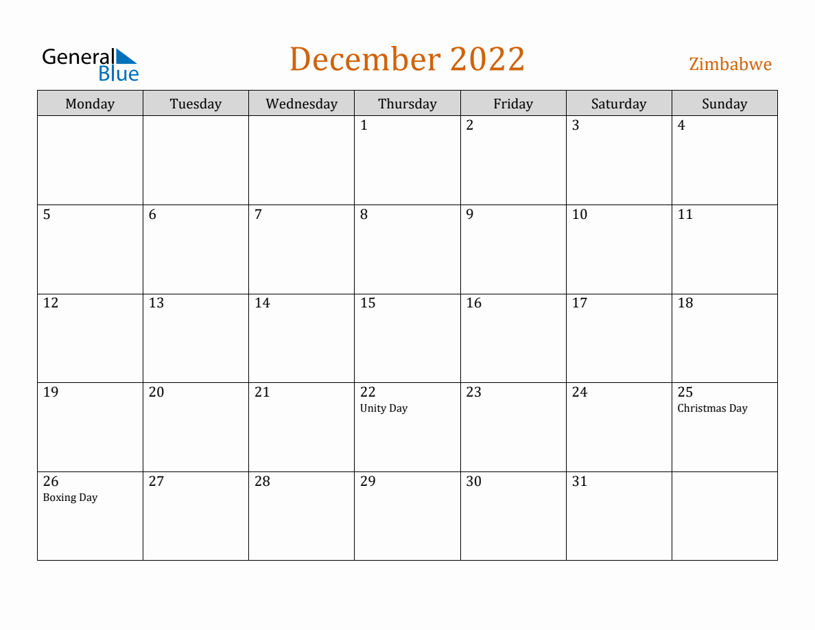 Free December 2022 Zimbabwe Calendar