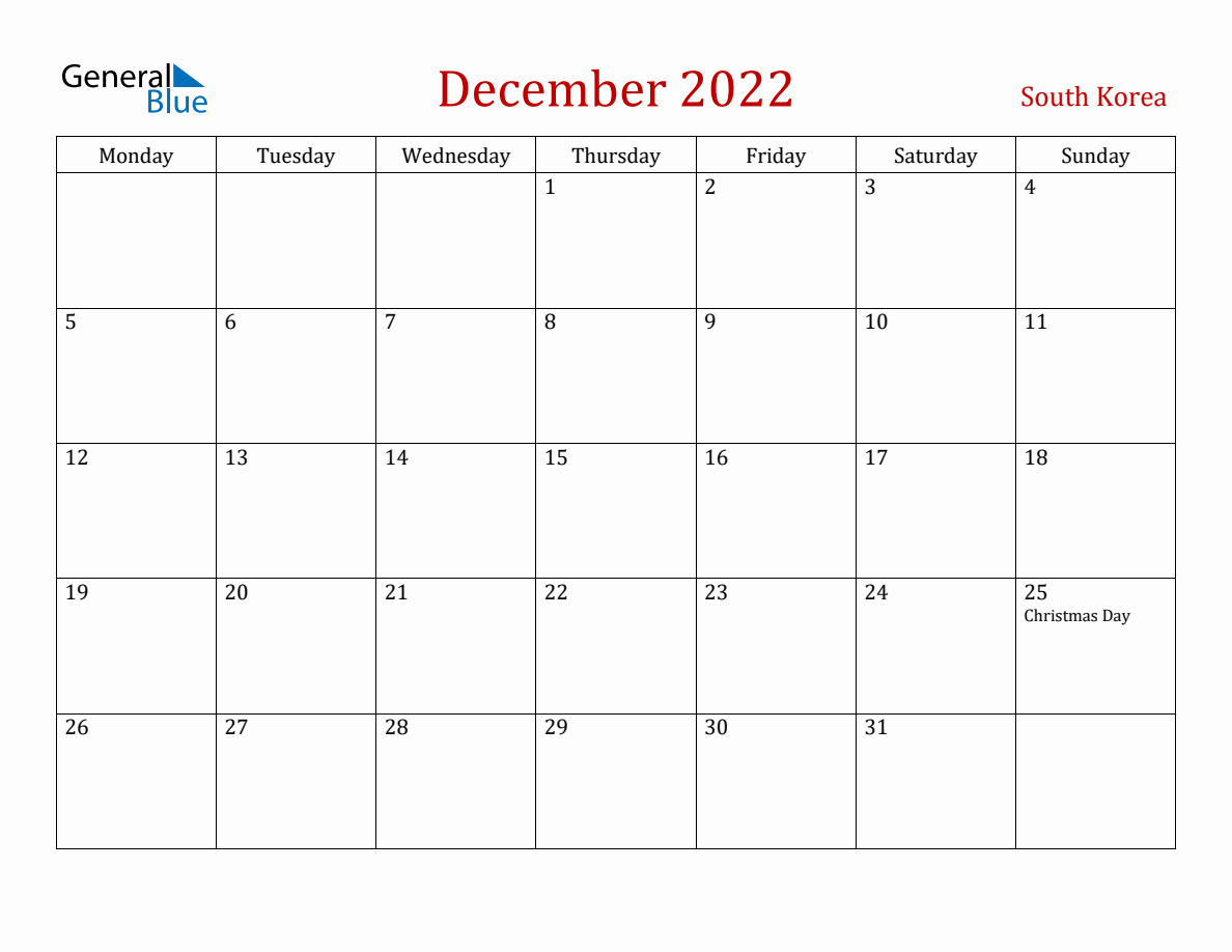 December 2022 South Korea Monthly Calendar with Holidays (Monday Start)
