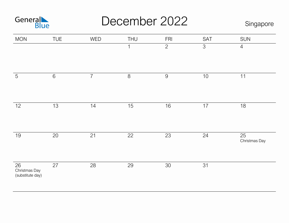 Printable December 2022 Monthly Calendar with Holidays for Singapore ...