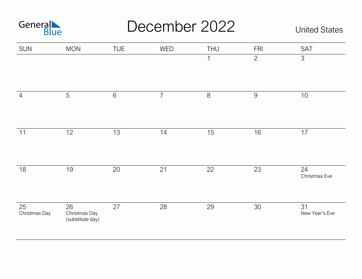 Printable December 2022 Monthly Calendar with Holidays for United States