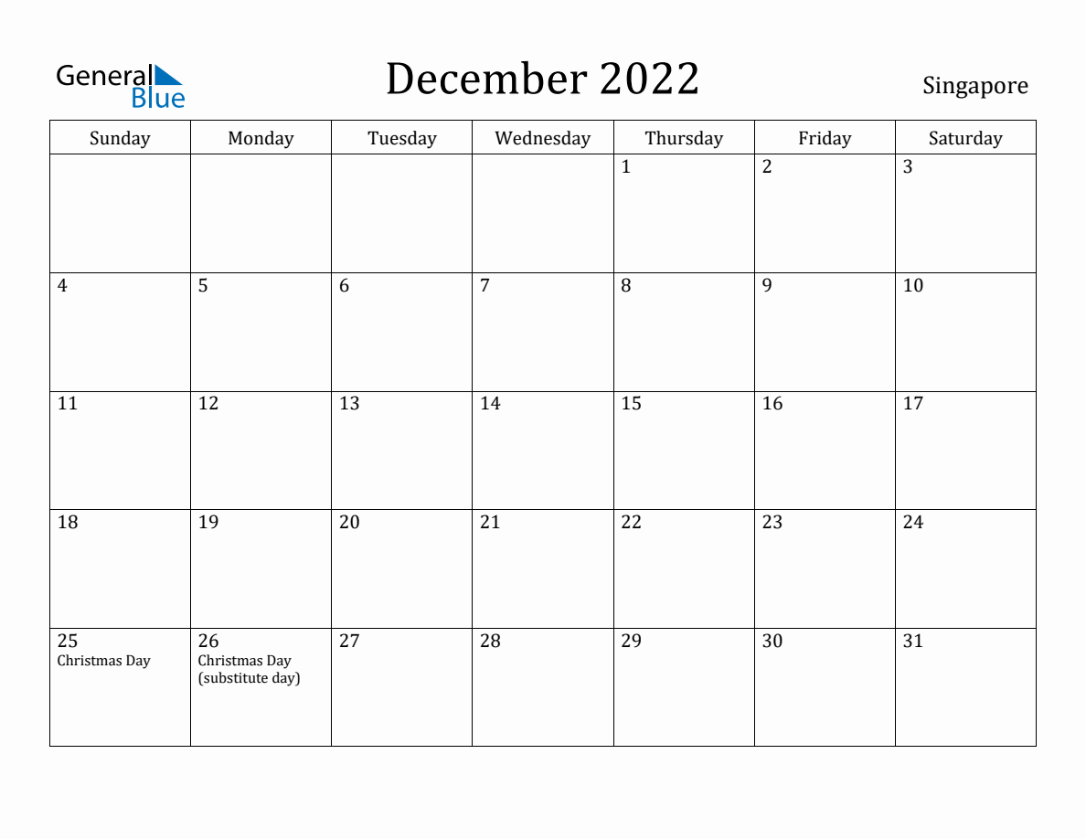 December 2022 Monthly Calendar with Singapore Holidays