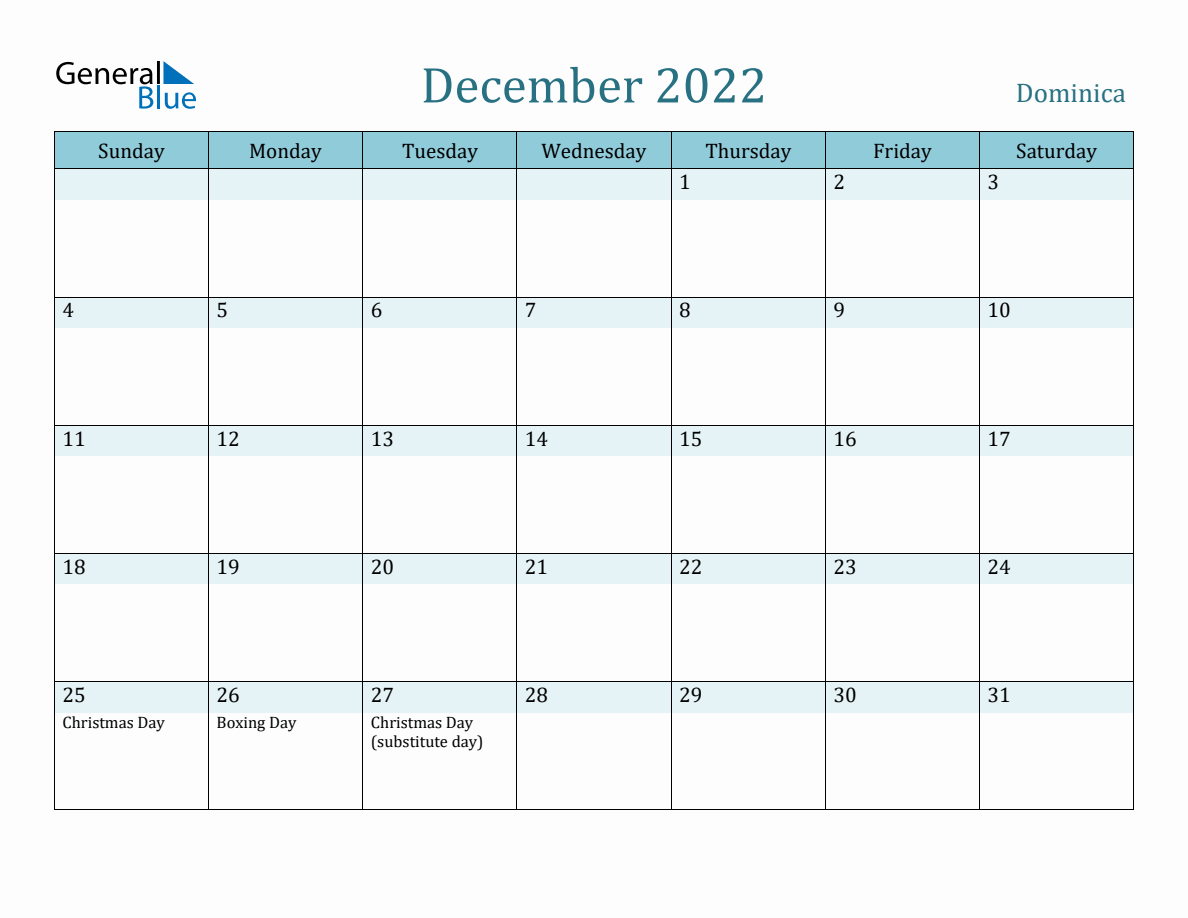 Dominica Holiday Calendar for December 2022