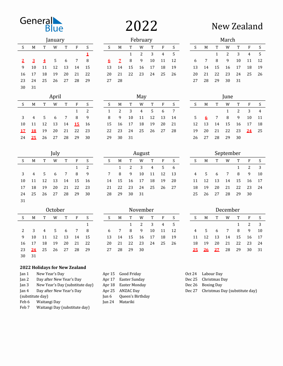 Free New Zealand Holidays Calendar for Year 2022