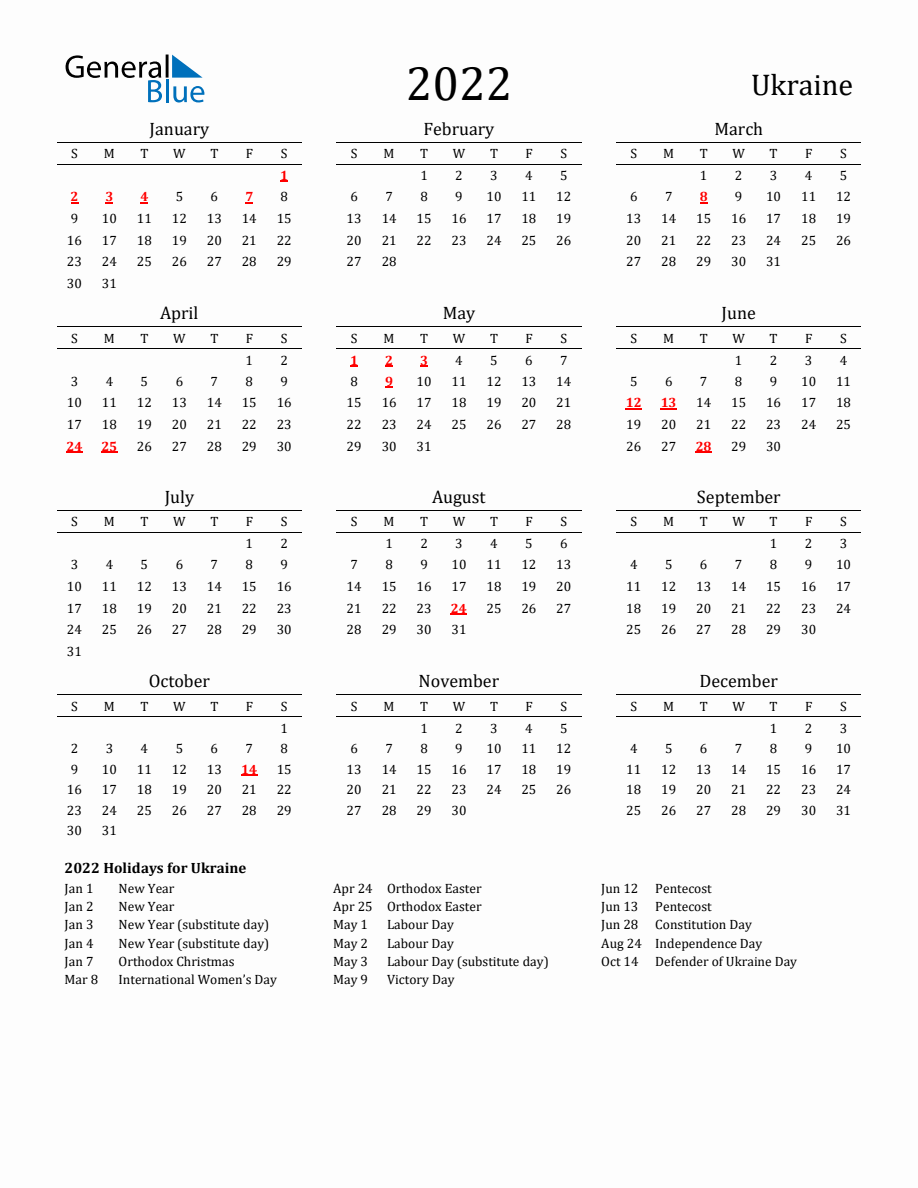 Free Ukraine Holidays Calendar for Year 2022