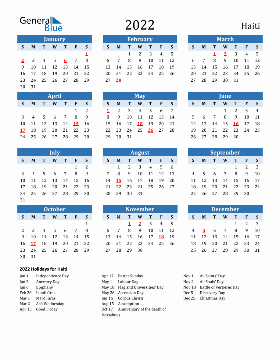 2022 Printable Calendar with Haiti Holidays