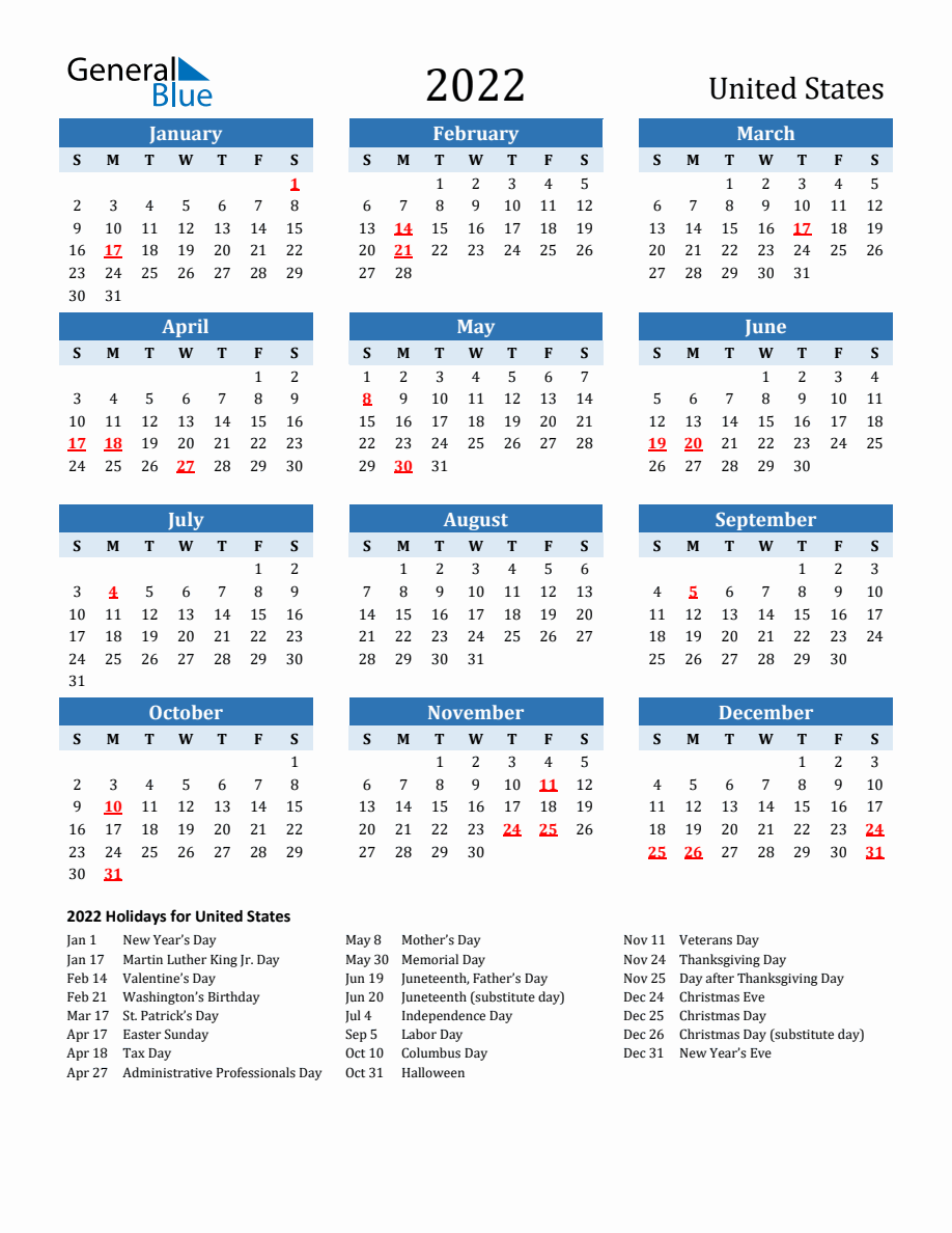2022 Printable Calendar with United States Holidays