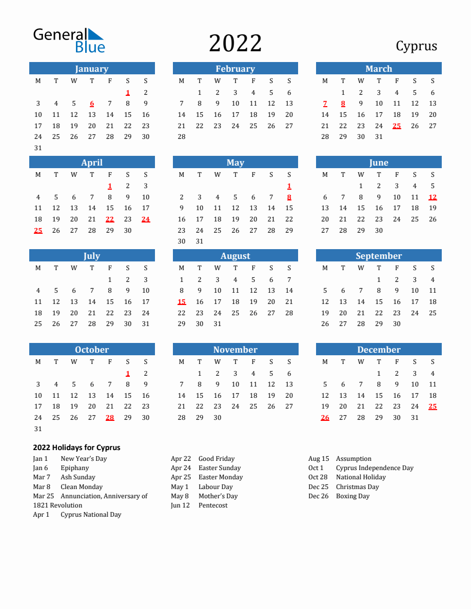 Cyprus 2022 Calendar with Holidays - Monday Start