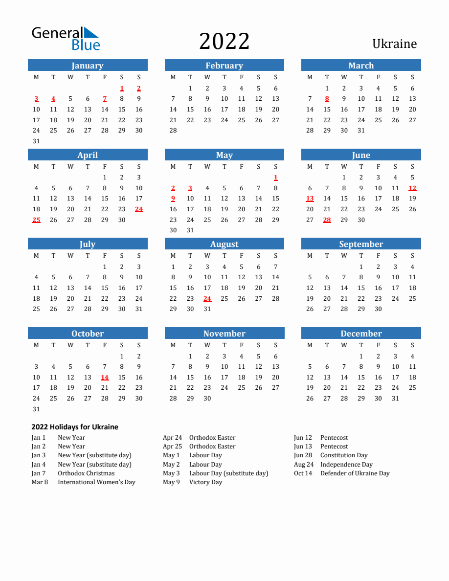 Ukraine 2022 Calendar with Holidays - Monday Start