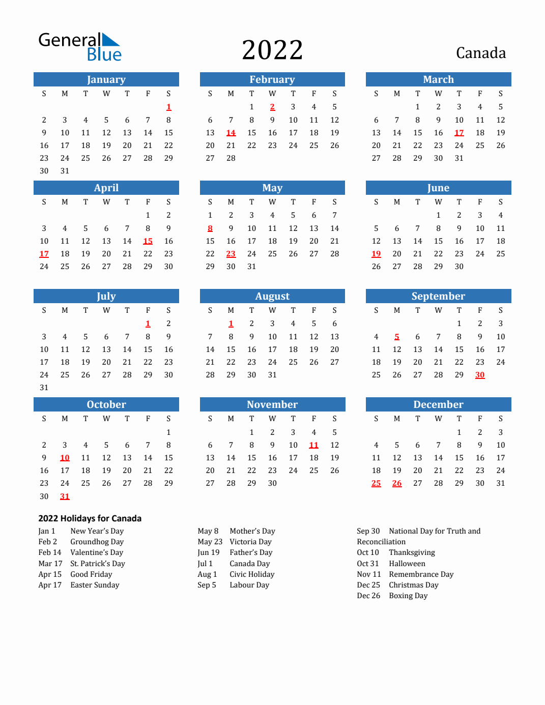 2022 Canada Calendar with Holidays