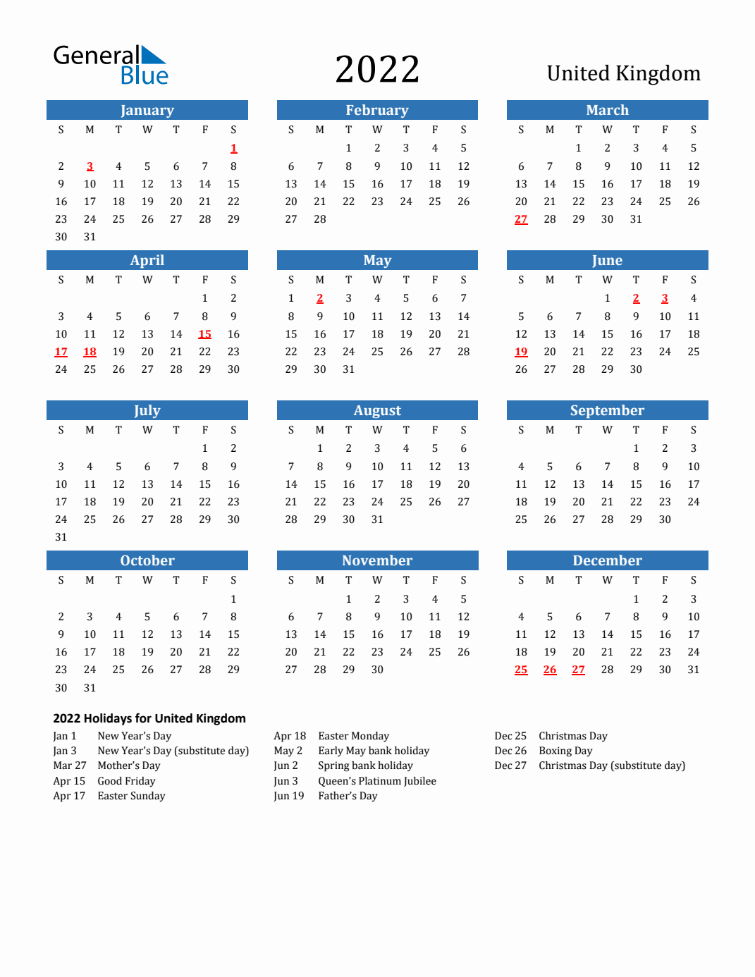 2022 United Kingdom Calendar with Holidays
