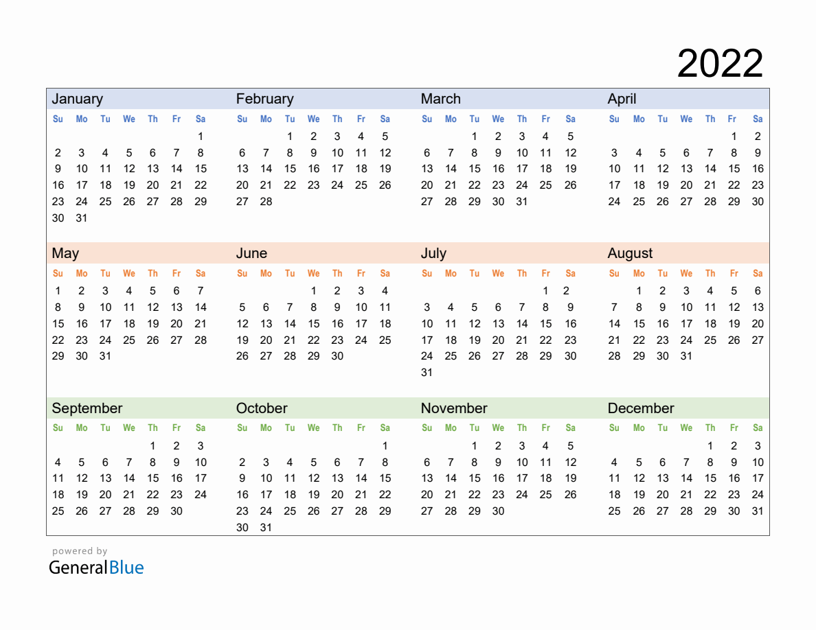 Free Downloadable 2022 Yearly Calendar Template