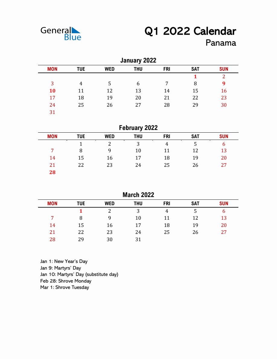 2022 Q1 Calendar with Holidays List for Panama
