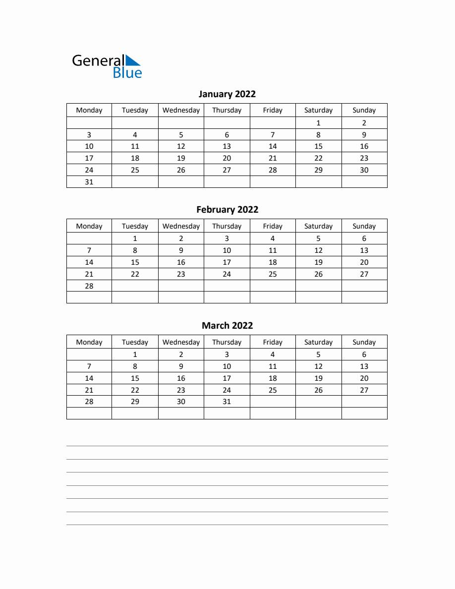 Free Printable Q1 Quarterly Calendar 2022 - Monday Start
