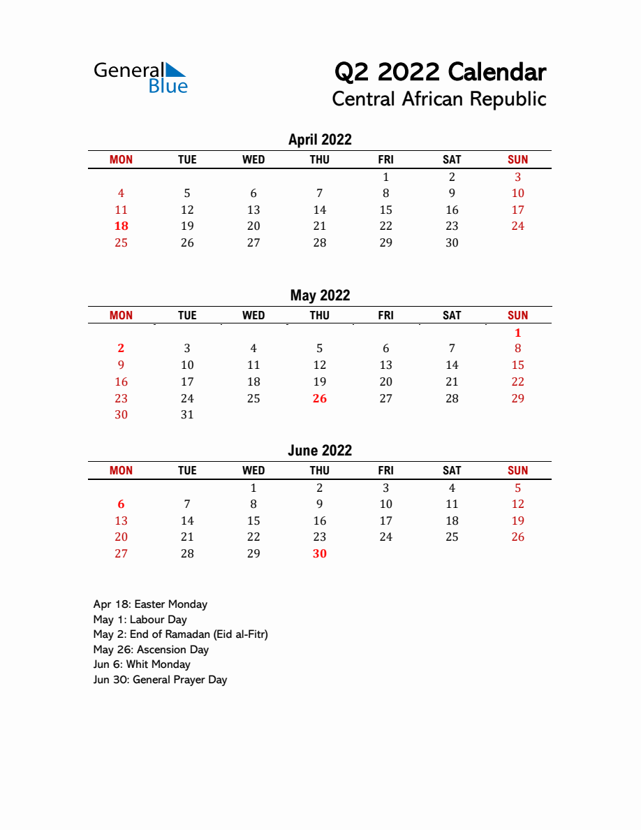 2022 Q2 Calendar with Holidays List for Central African Republic