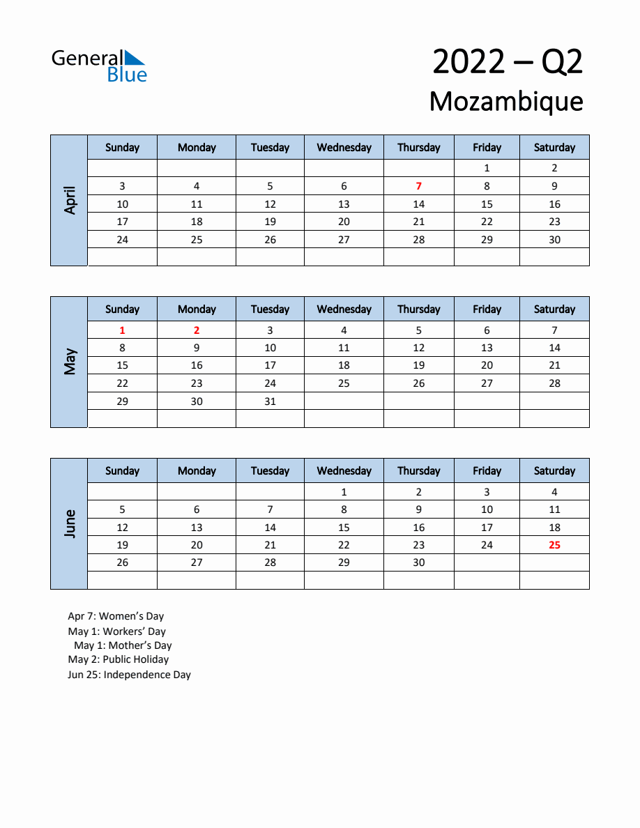Free Q2 2022 Calendar for Mozambique - Sunday Start