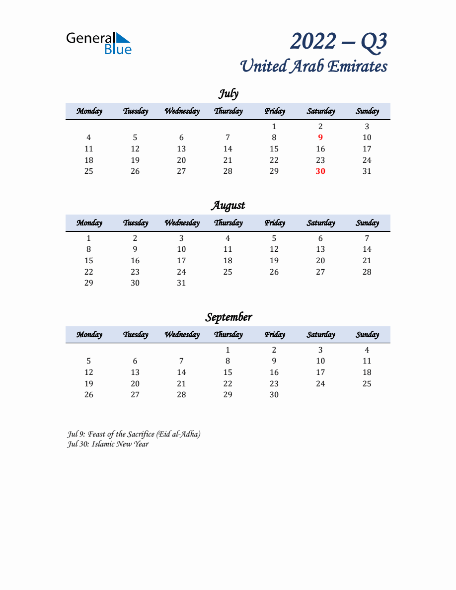 July, August, and September 2022 Calendar for United Arab Emirates ...