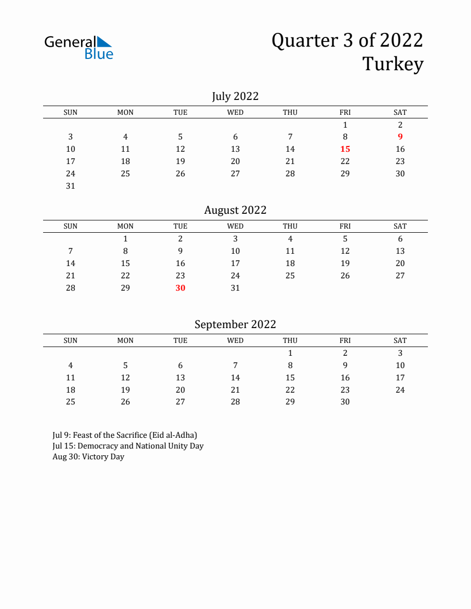 Quarter 3 2022 Turkey Calendar