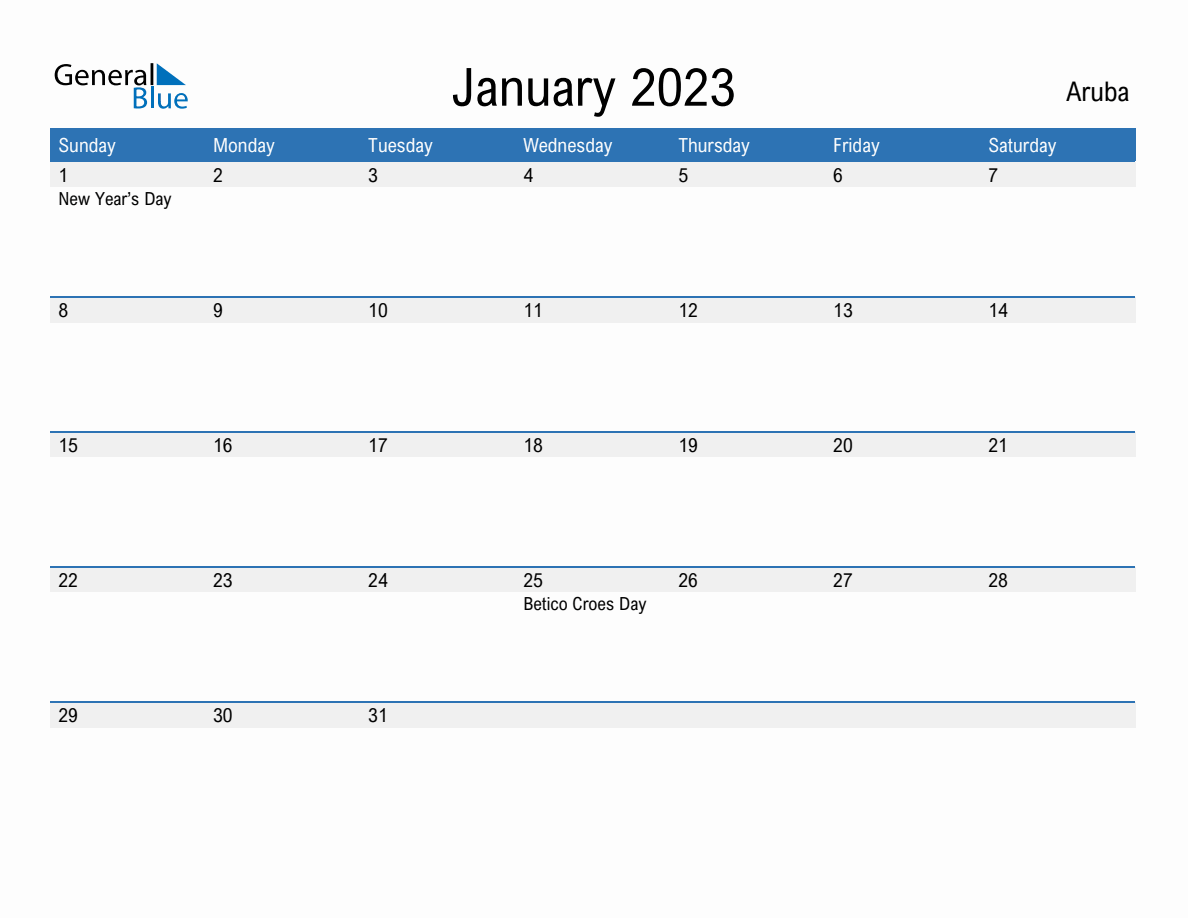 Editable January 2023 Calendar with Aruba Holidays