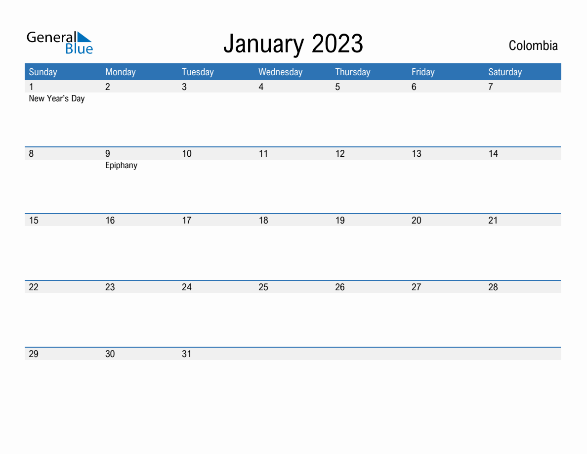 Editable January 2023 Calendar with Colombia Holidays