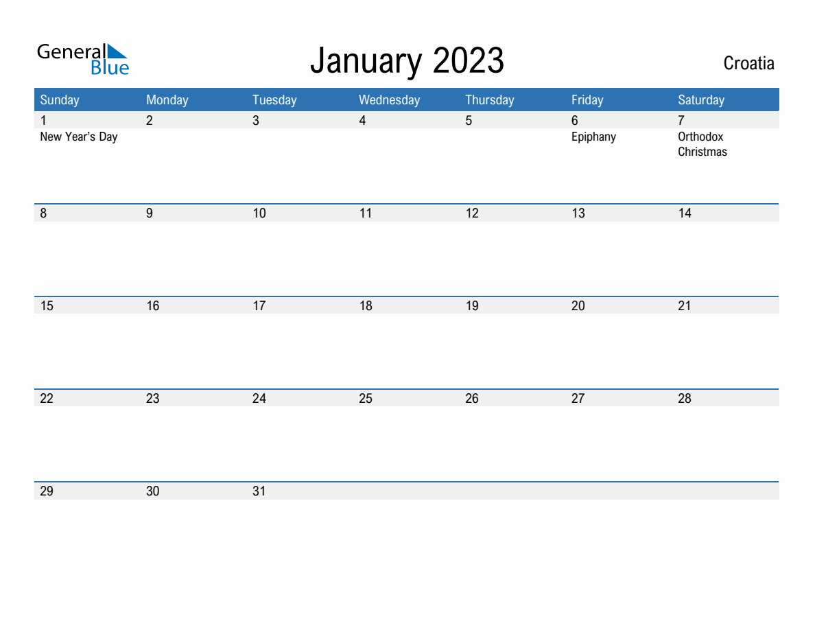 Editable January 2023 Calendar with Croatia Holidays