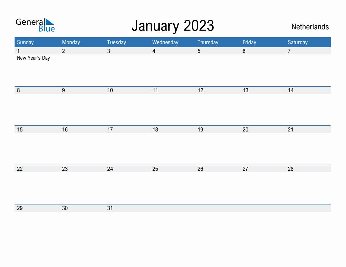 Editable January 2023 Calendar with The Netherlands Holidays
