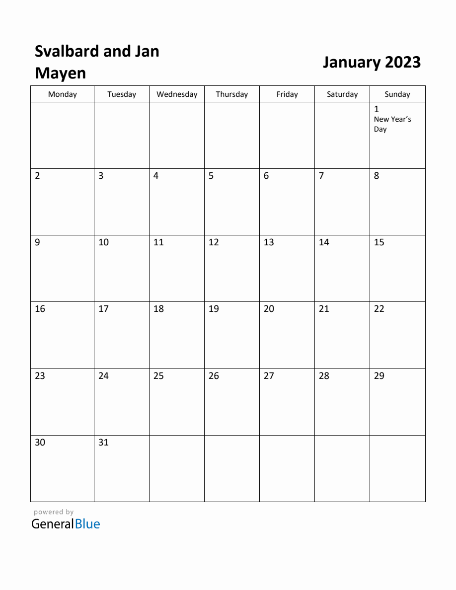 Free Printable January 2023 Calendar for Svalbard and Jan Mayen