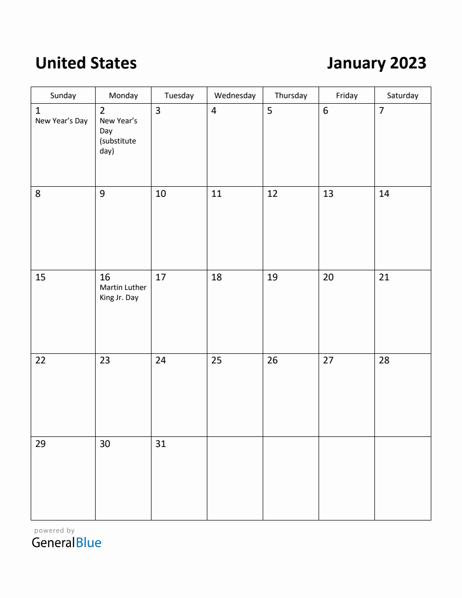 Free Printable January 2023 Calendar for United States