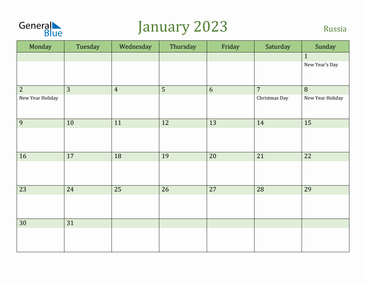 Fillable Holiday Calendar for Russia - January 2023 (Monday Start)
