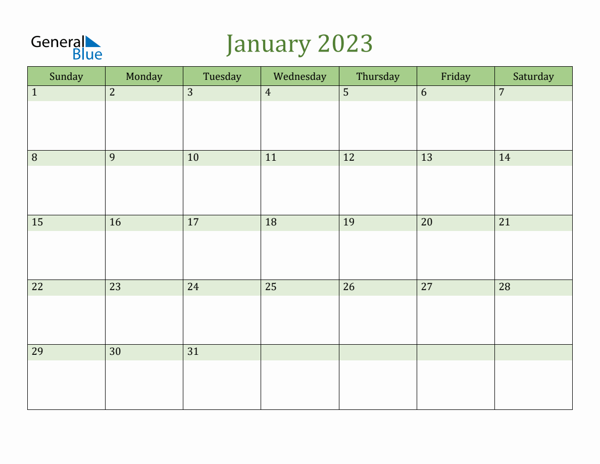 Fillable January 2023 Calendar