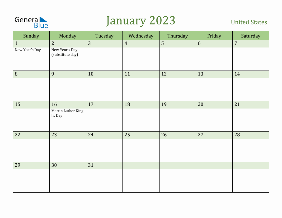 Fillable Holiday Calendar for United States - January 2023