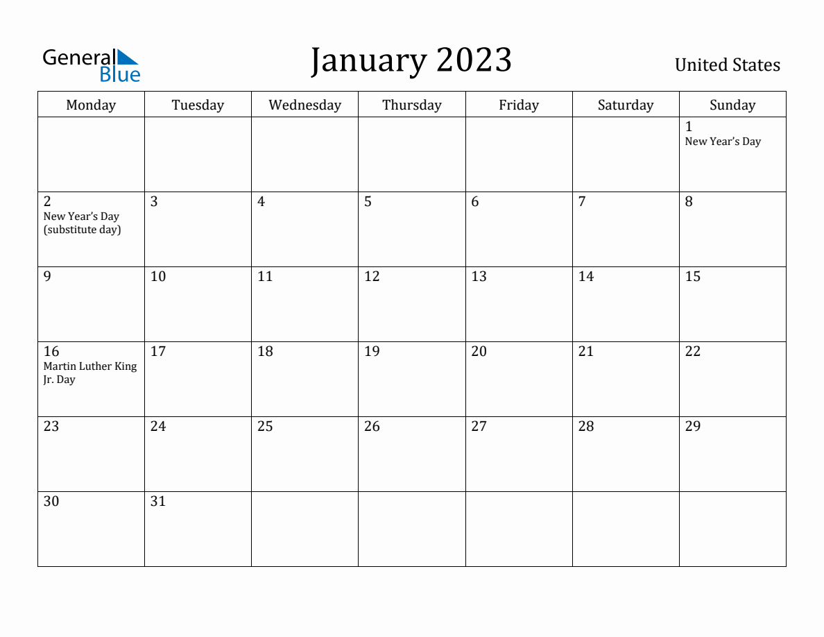 United States Monthly Calendar - January 2023 (Monday Start)