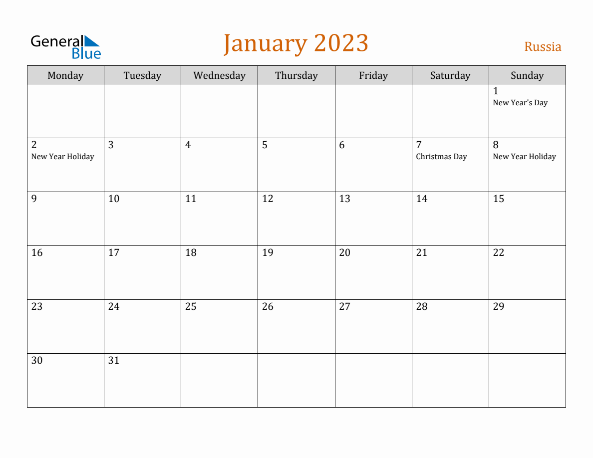 Free January 2023 Russia Calendar (Monday Start)