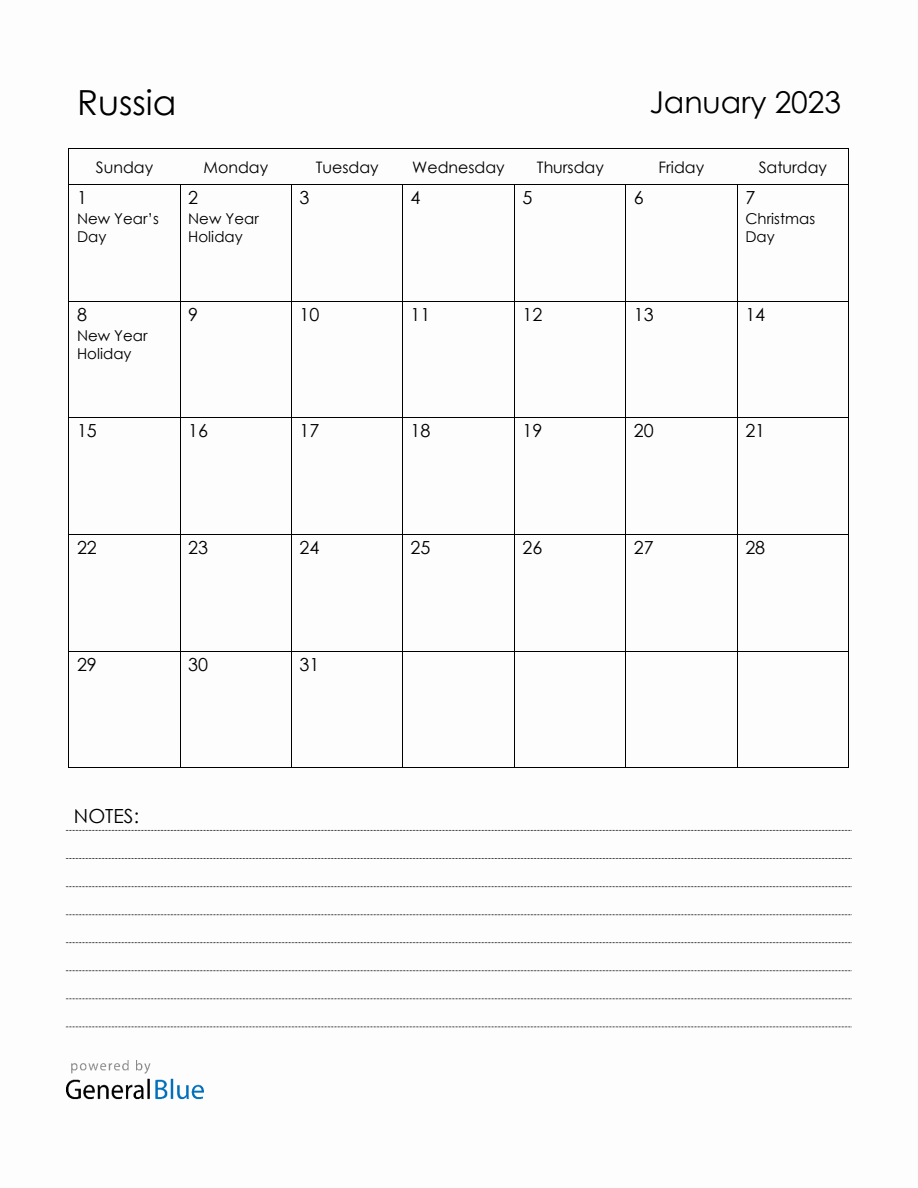 January 2023 Russia Calendar with Holidays