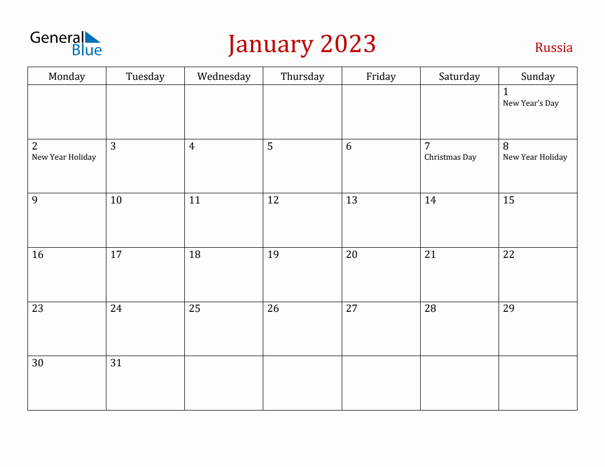 January 2023 Russia Monthly Calendar with Holidays