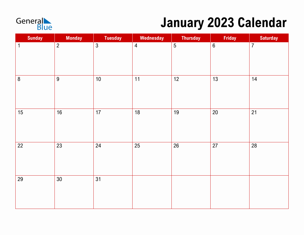 Basic Monthly Calendar - January 2023