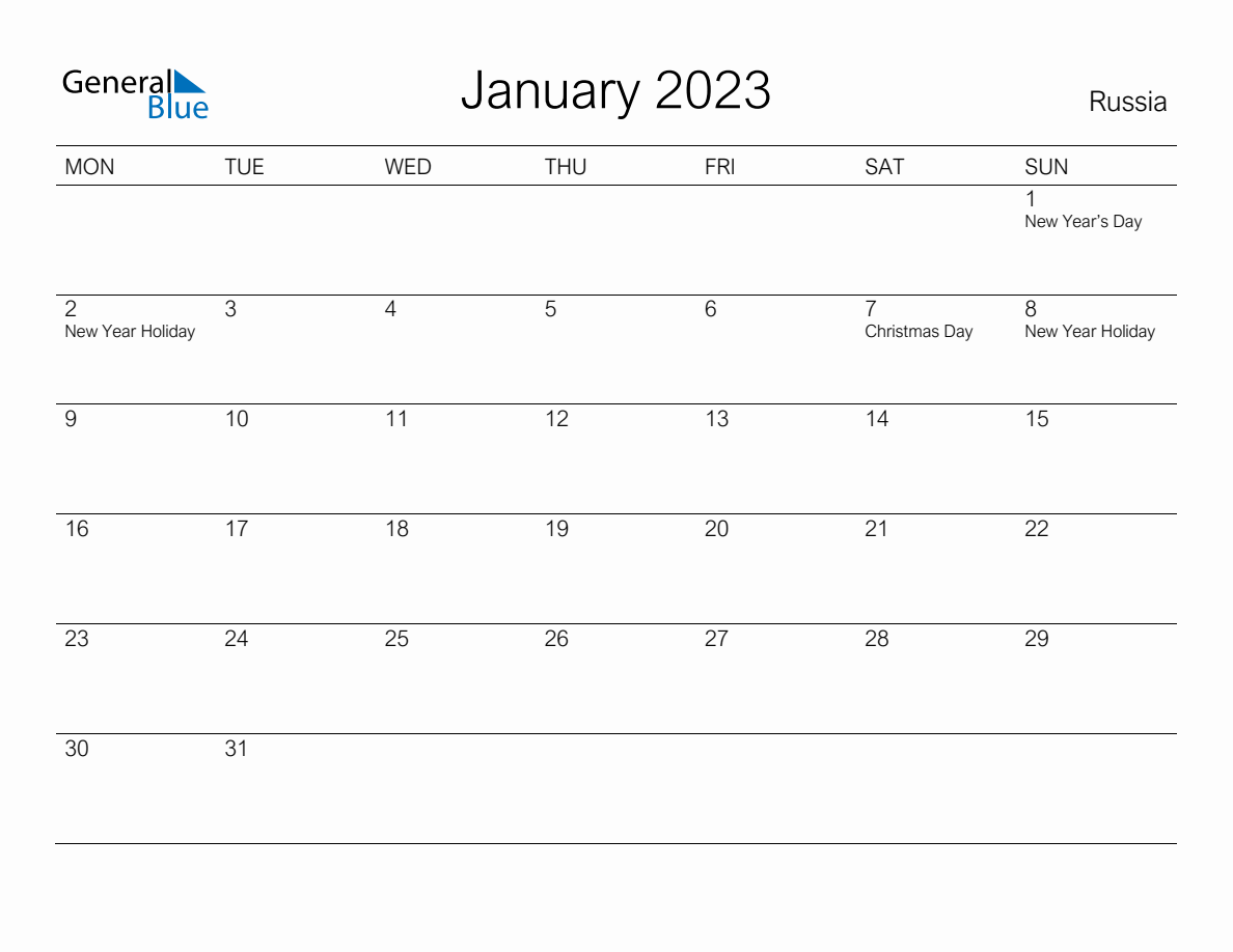 Printable January 2023 Monthly Calendar with Holidays for Russia