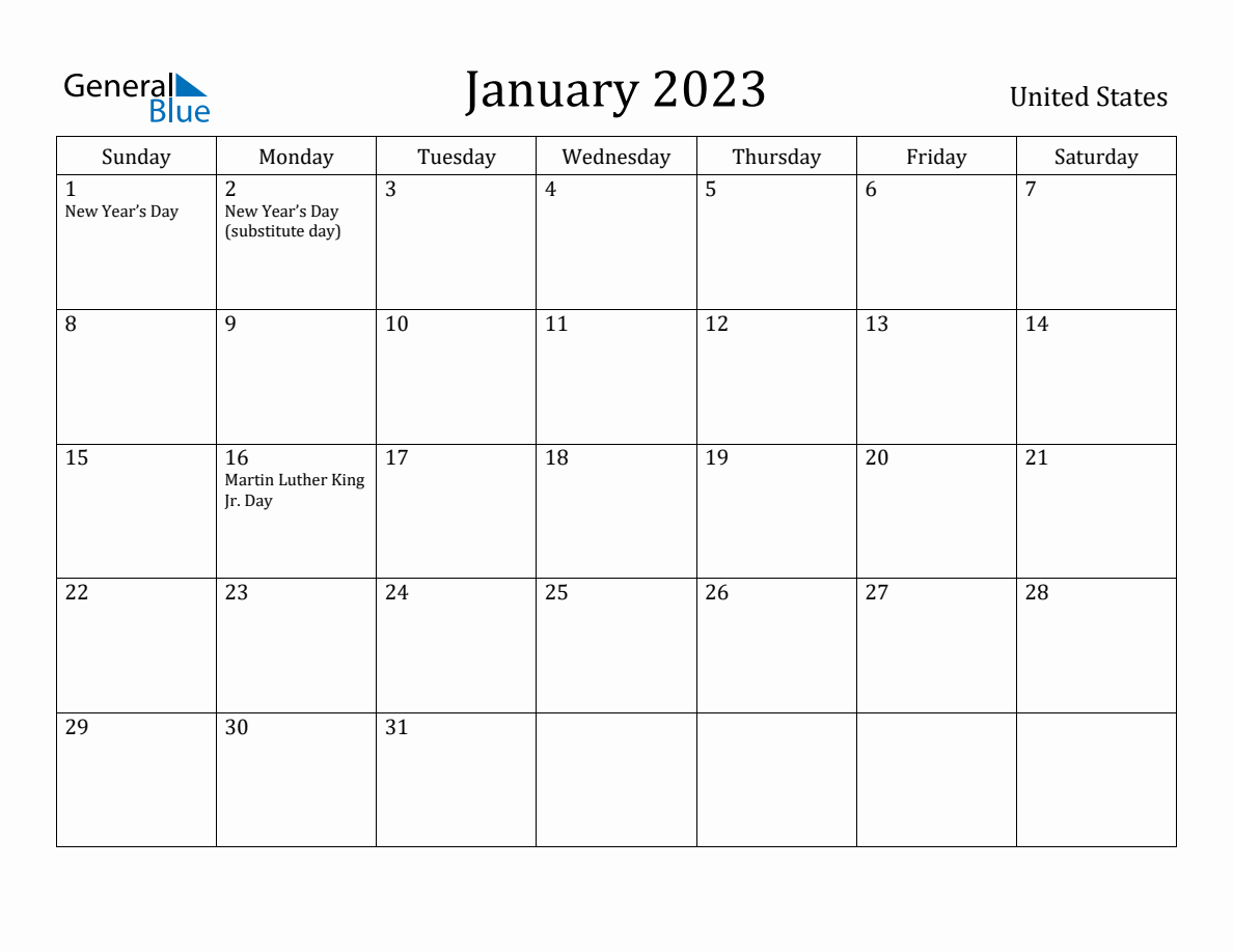 January 2023 Monthly Calendar with United States Holidays