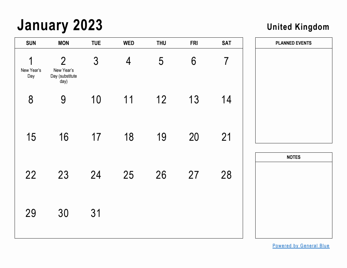 January 2023 Planner with United Kingdom Holidays