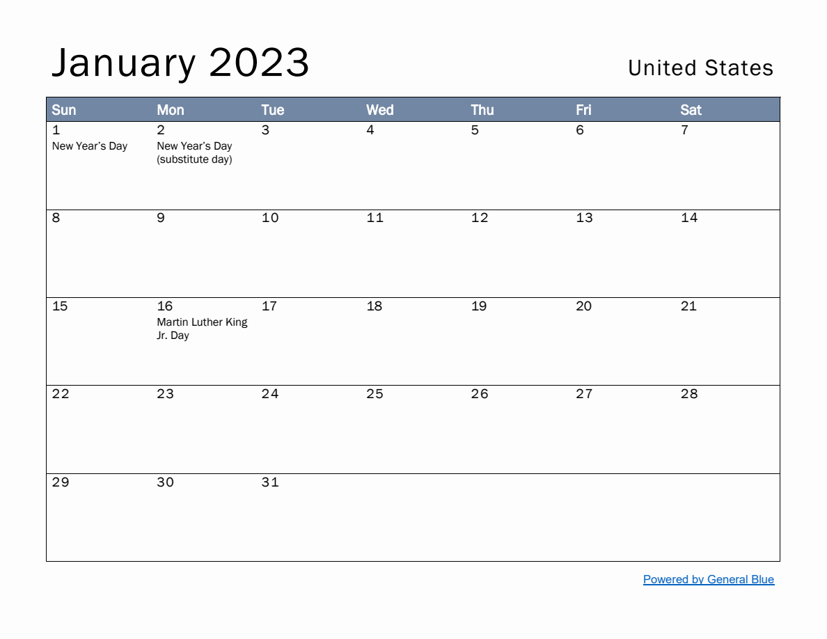 Free Monthly Calendar Template for January 2023 with United States Holidays